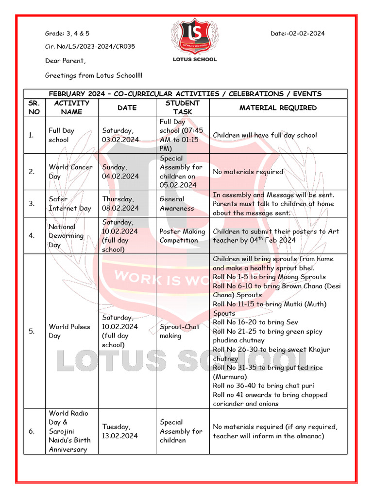 Feb 2024 Monthly Circular Grade 3, 4 & 5 | PDF | Food Ingredients | Vegetarian Cuisine