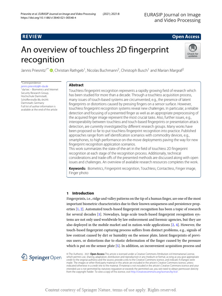 An Overview of Touchless 2D Fingerprint Recognitio | PDF