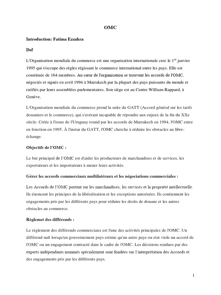 OMC et son impact sur le Maroc | PDF | Organisation mondiale du ...