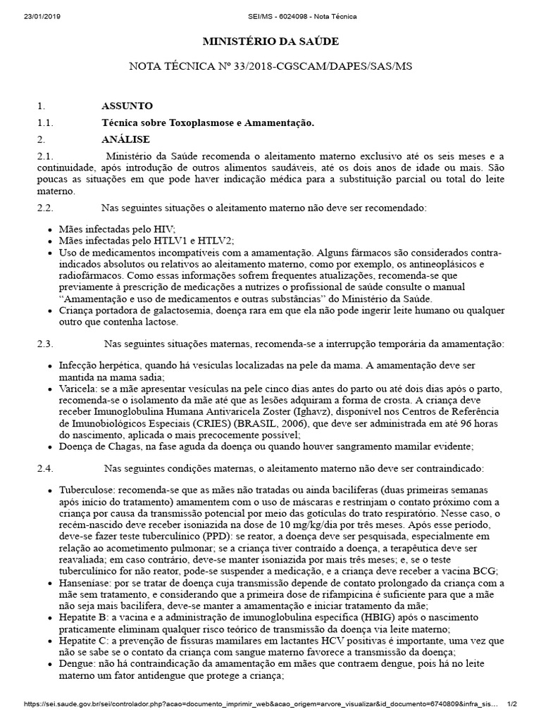 Nota Tecnica No 33 2018 Cgscam Dapes Sas Ms | PDF | Amamentação | Hepatite