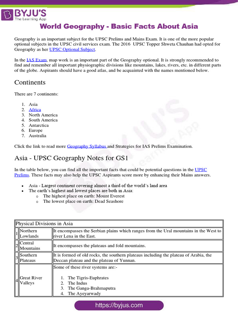 World Geography Asia Facts UPSC | PDF | Plateau | Asia