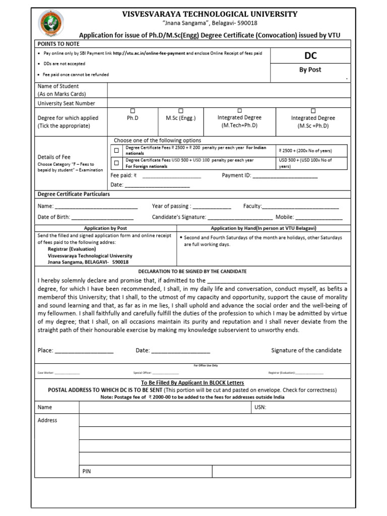 VTU Ph.D/M.Sc Degree Certificate Application | PDF