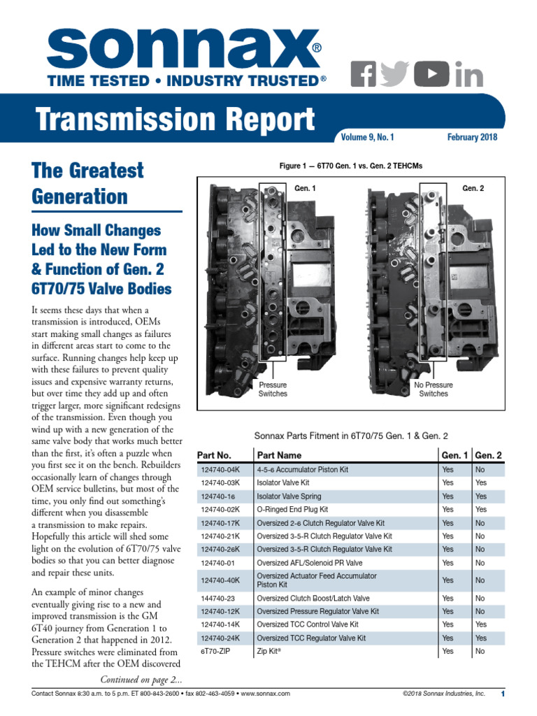 6T70 & 6T75 Gen1 Vs Gen2 Sonnax | PDF | Valve | Automatic Transmission