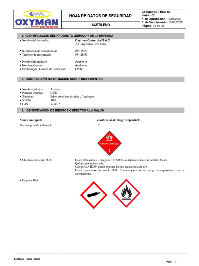 MSDS HOJA DE SEGURIDAD Acetileno | PDF | Oxígeno | Agua