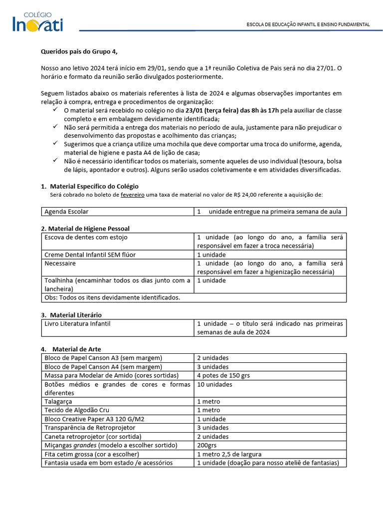 G4 - 2024 - Lista de Material | PDF