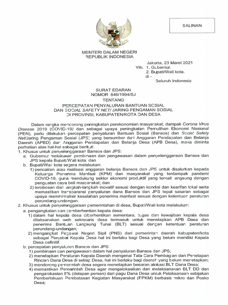 Surat Edaran Mendagri Nomor 846 Tahun 2021 Tentang Percepatan Penyaluran Bantuan Sosial | PDF