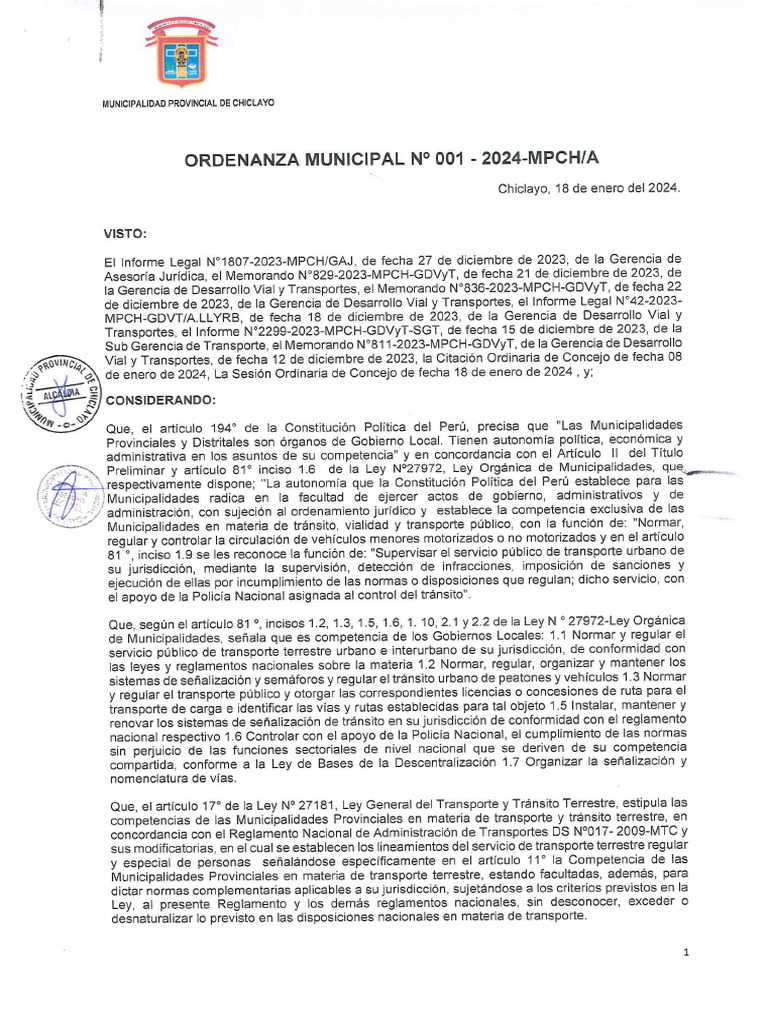 Ordenanza Municipal N°001-2024-Mpch-A | PDF