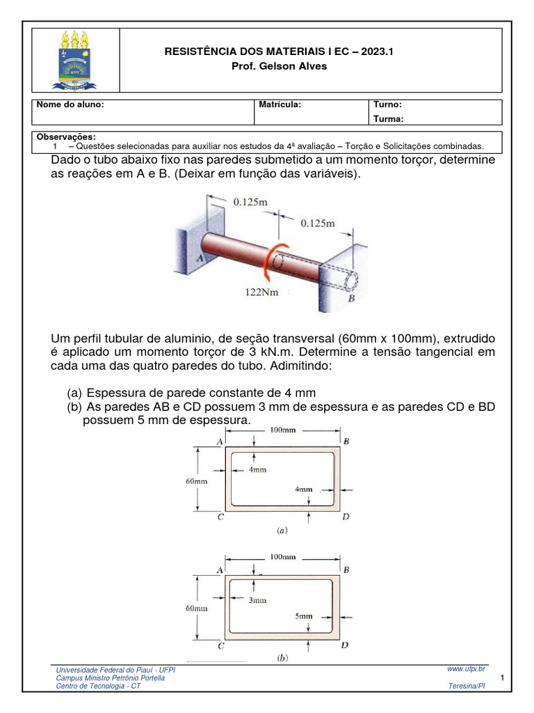 Estudo sobre Momento Torçor em Tubos | PDF