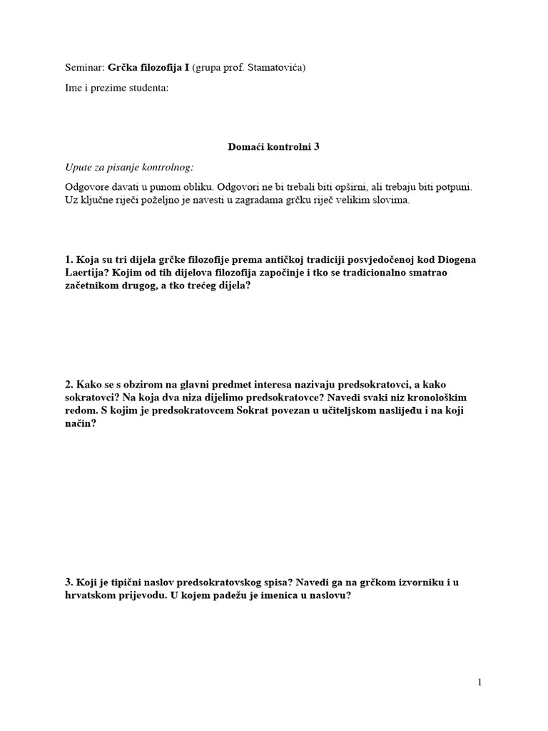 Domaći Kontrolni 3, Grcka Filozofija 1 | PDF