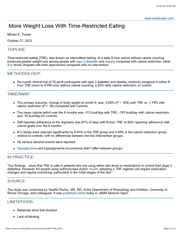 Intermittent Fasting Calorie Restricted Diet | PDF