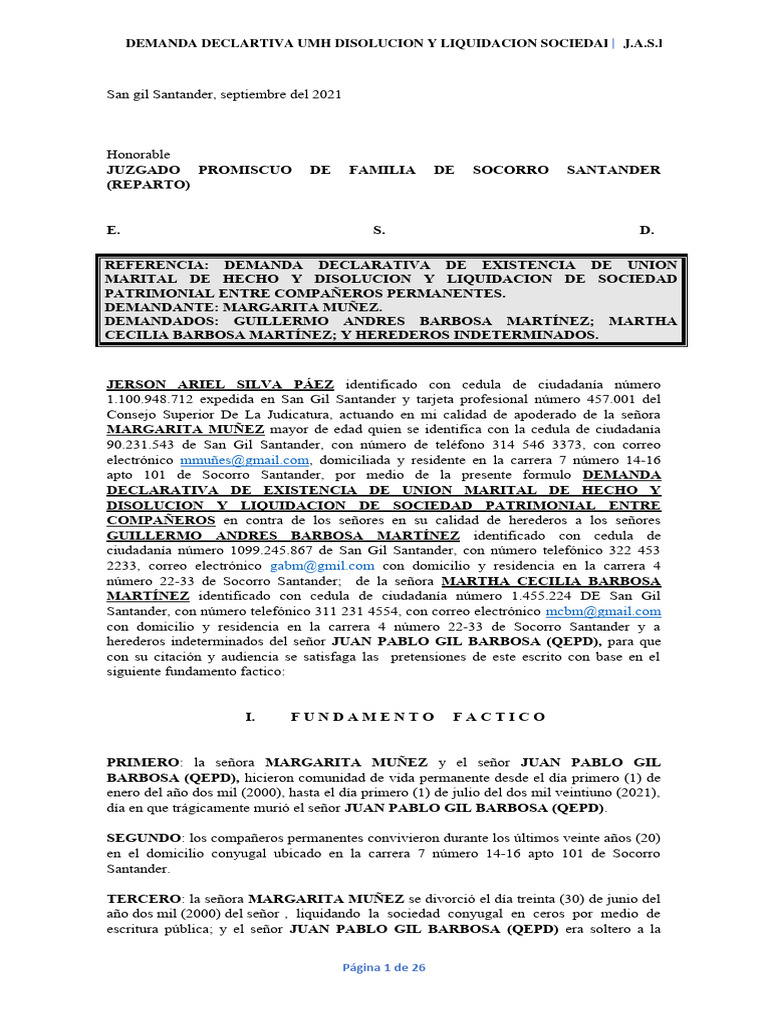 Demanda Umh Jerson Ariel Silva Final | PDF | Derecho privado | Instituciones sociales