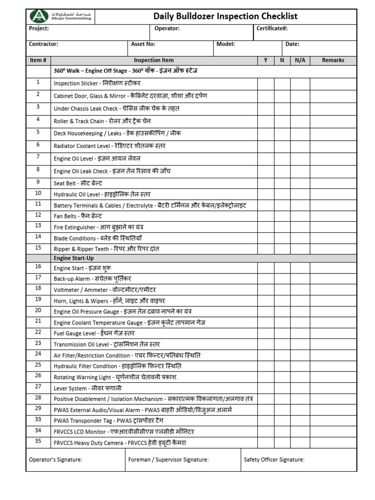 Bulldozer Inspection Checklist - Hindi | PDF