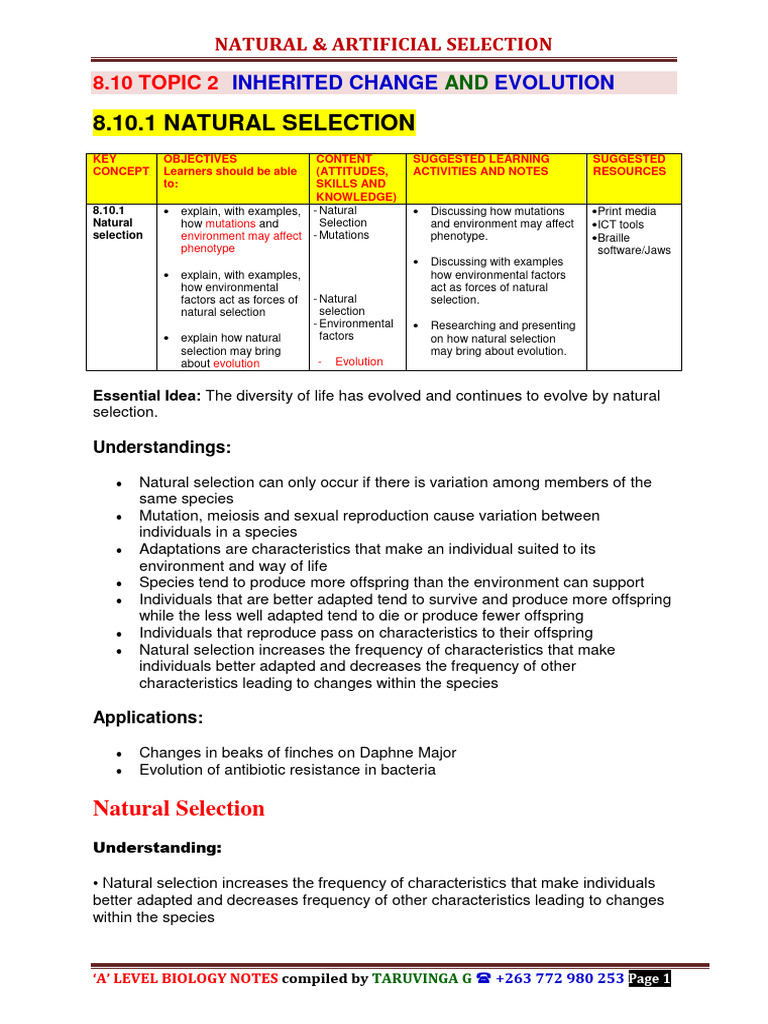 Topic 6.2 Natural Selection and Artificial Selection My Notes 1 | PDF ...
