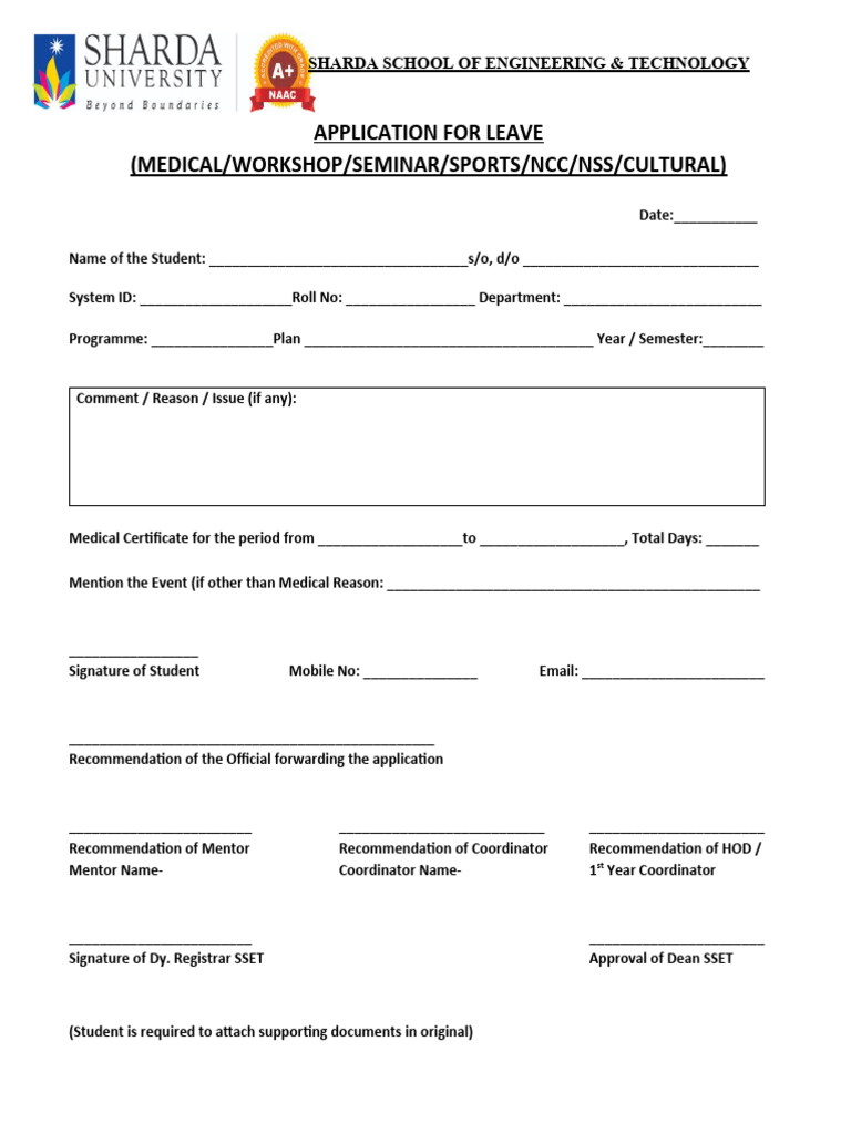 Form For Leave, Medical, Workshop, Seminar, Sports, NCC, NSS, Cultural ...