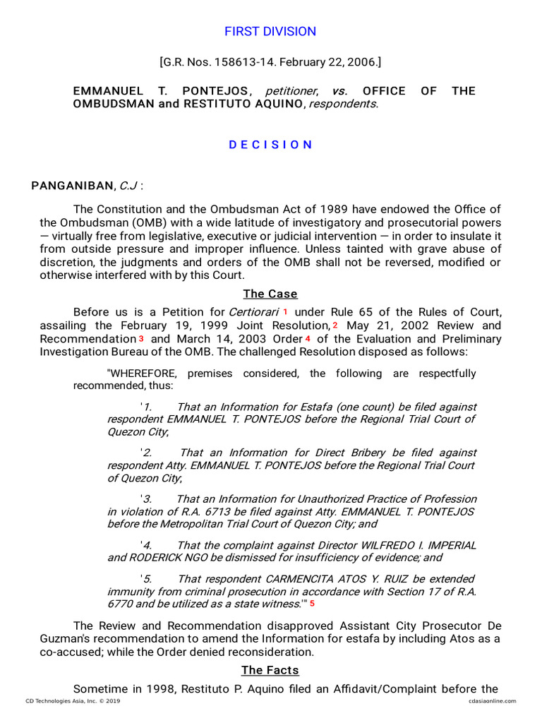 Ombudsman Case: Pontejos vs. Aquino | PDF | Prosecutor | Witness