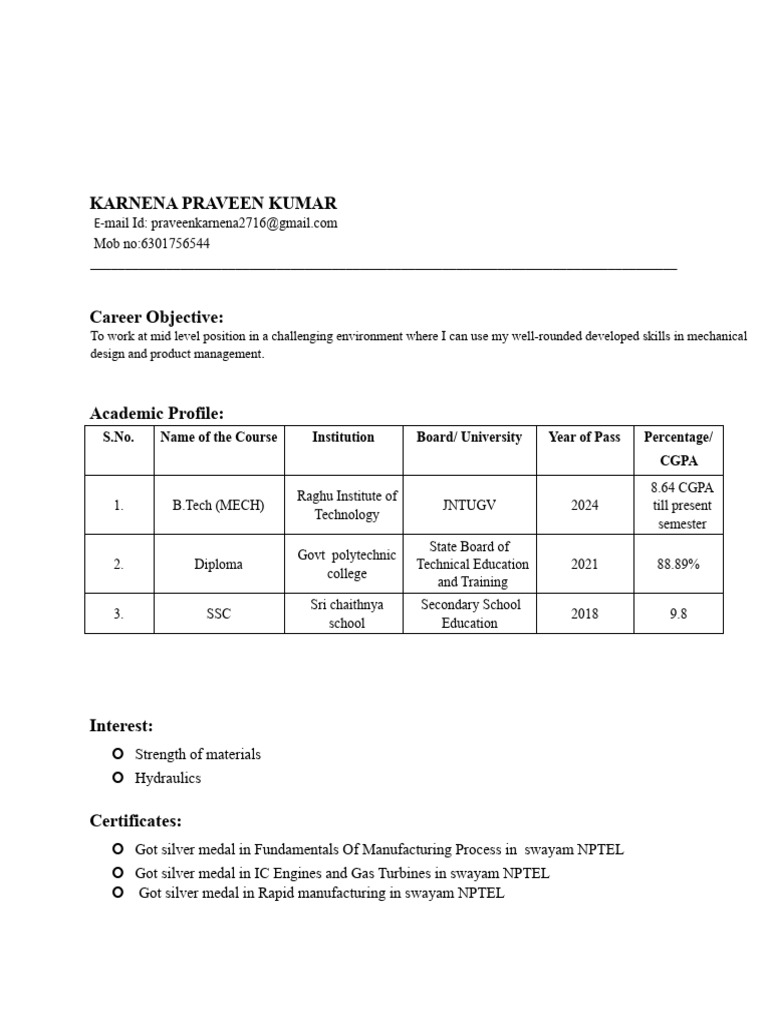 213J5A0313 Karnena Praveen Kumar Resume | PDF