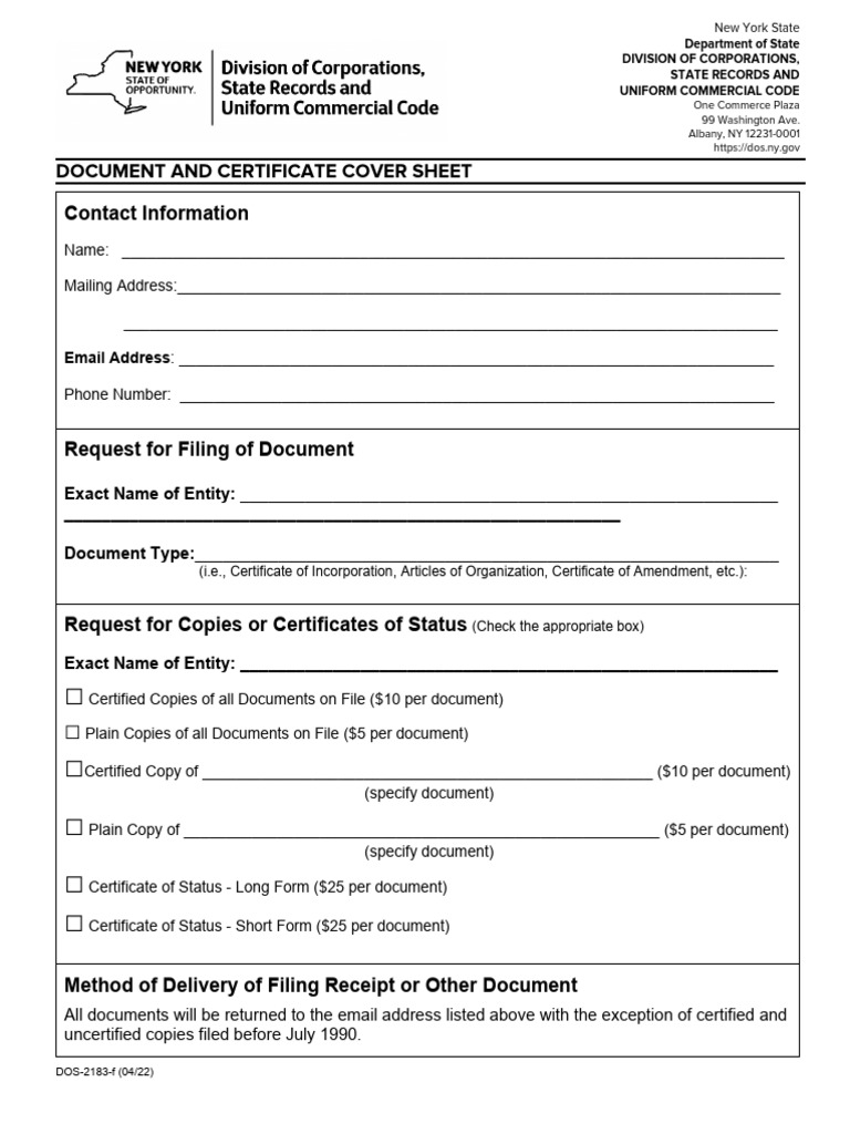 Document and Certificate Cover Sheet Contact Information | PDF