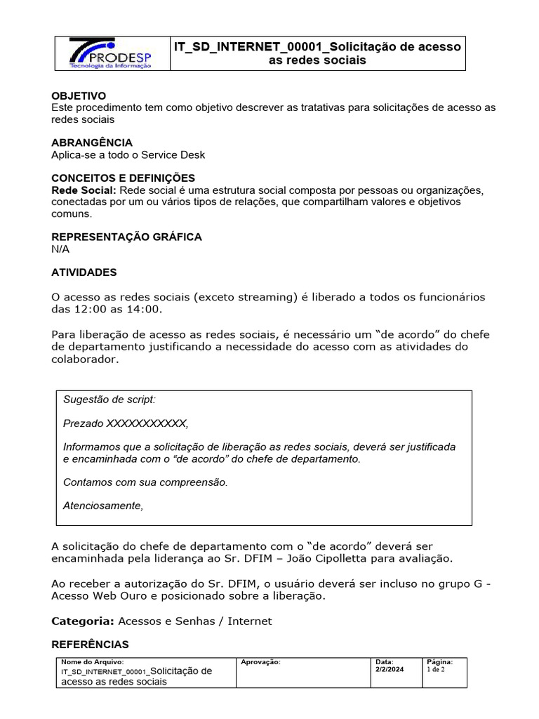 IT_SD_INTERNET_00001_Solicitação de acesso as redes sociais | PDF