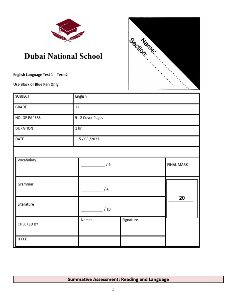 G11 Eng Term2 Test1 Approved | PDF | Narration | Subject (Grammar)