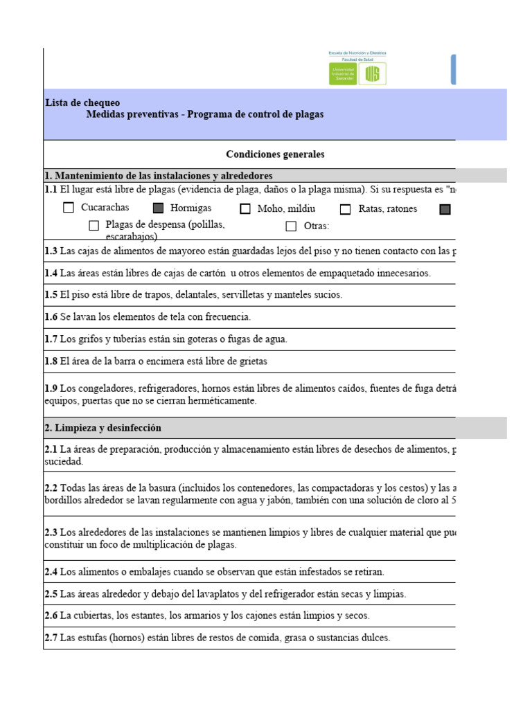 Lista de Chequeo Programa Control de Plagas - Medidas Preventivas | PDF