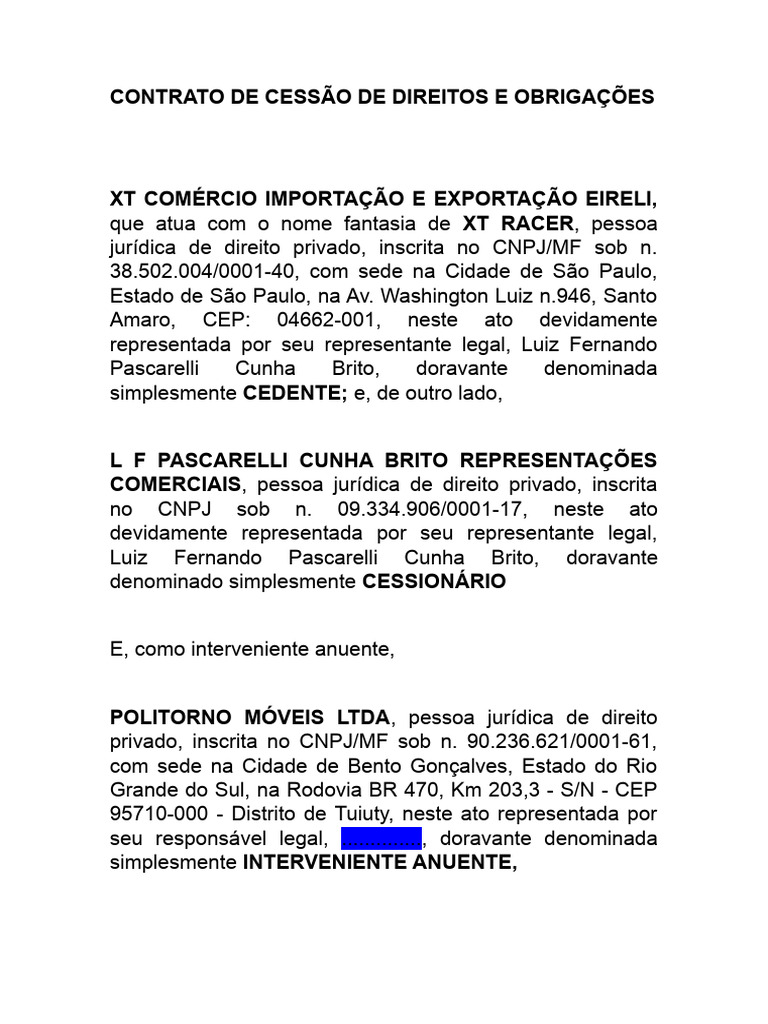 Contrato De Cessão De Direitos E Obrigações Pdf Business Economias