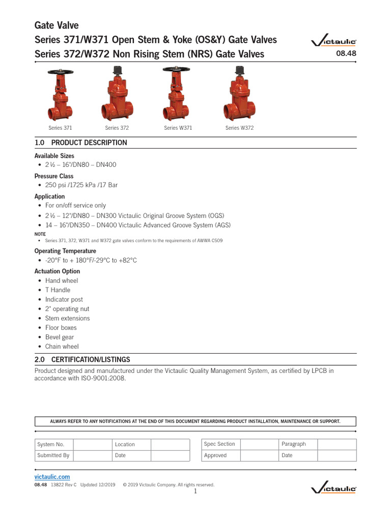 OS&Y Gate Valves Specifications | PDF | Valve | Patent