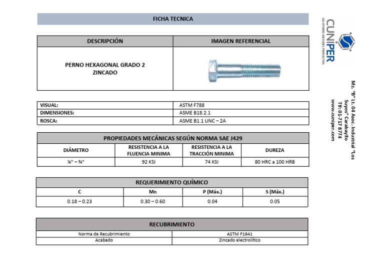 FICHA TÉCNICA PERNO GR.2 ZINCADO | PDF