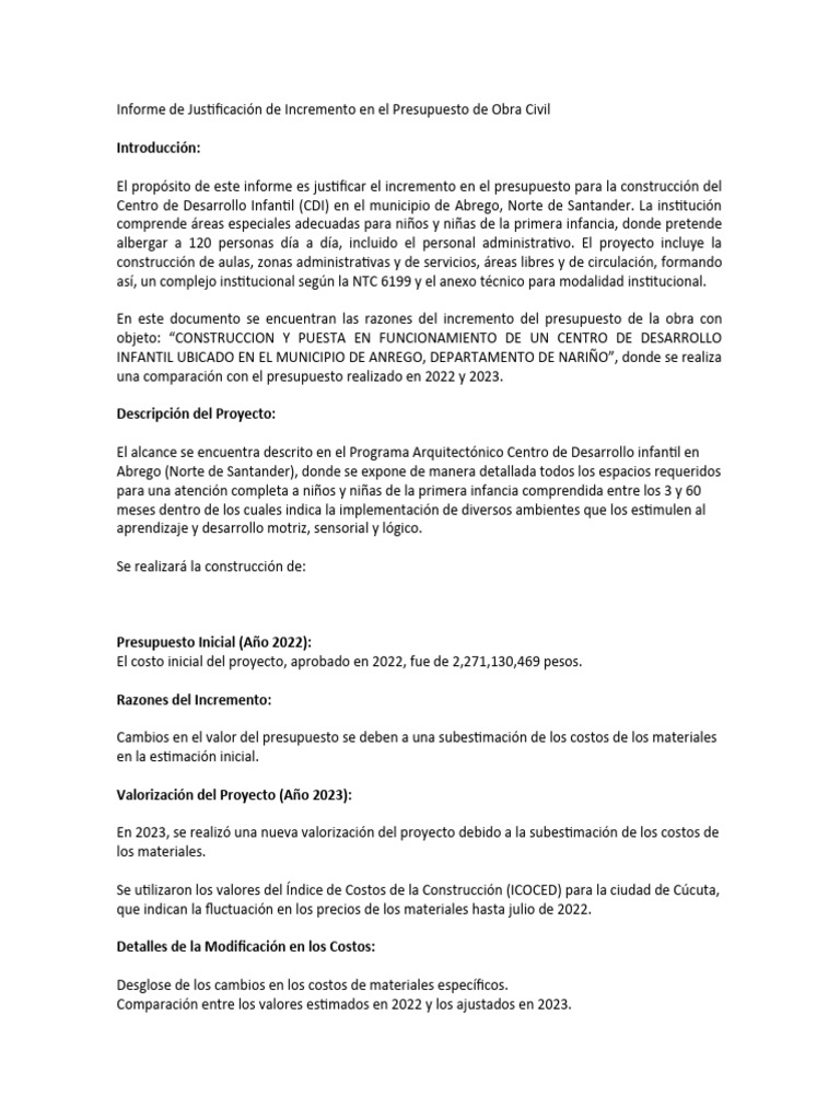 Informe de Justificación de Incremento en el Presupuesto de Obra Civil | PDF