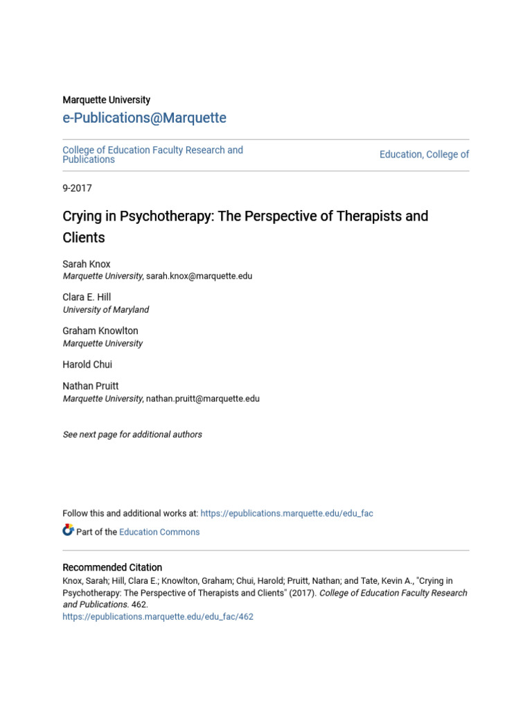 Crying in Psychotherapy - The Perspective of Therapists and Client | PDF