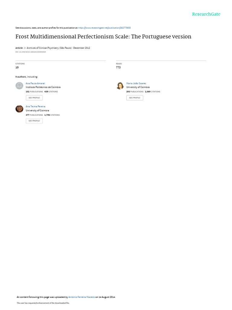 Frost Multidimensional Perfectionism Scale The Por | PDF