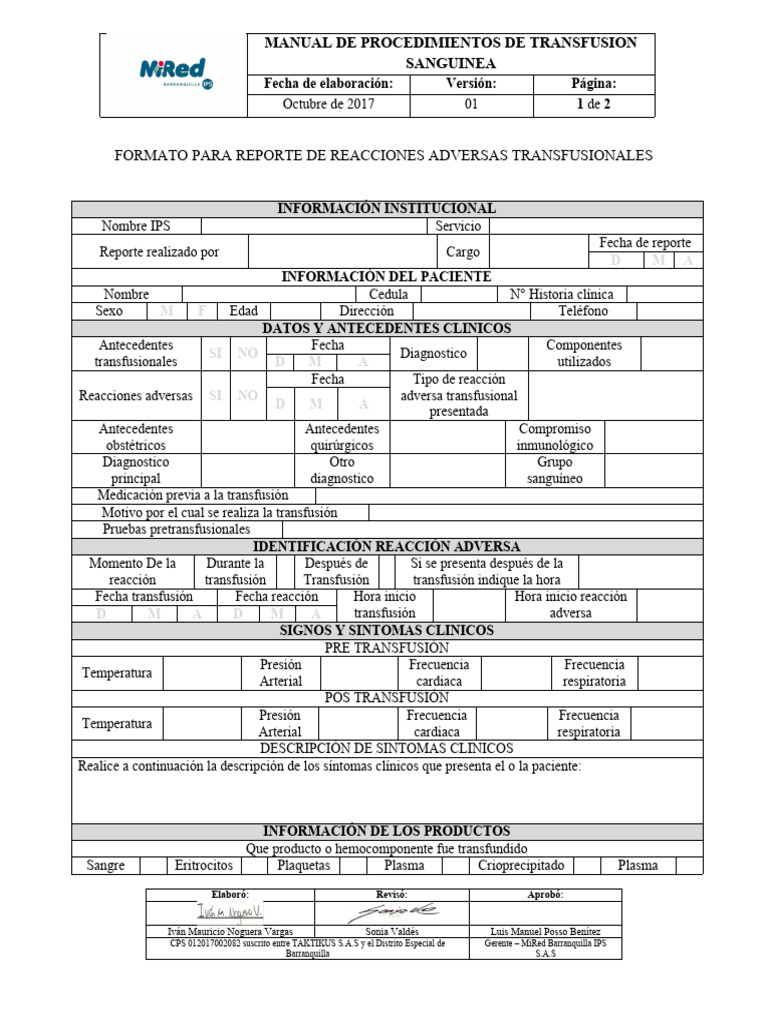 Formato para Gestión de Reacciones Adversas A Transfusión Sanguínea | PDF