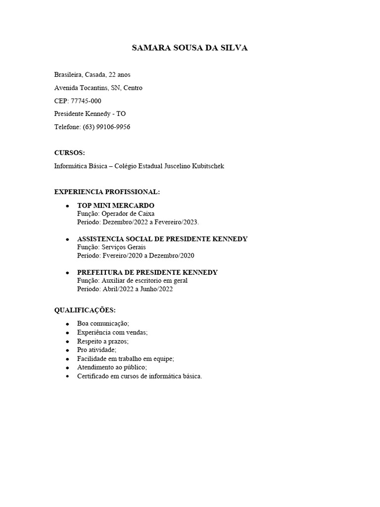 Curriculo Samara Sousa Da Silva | PDF