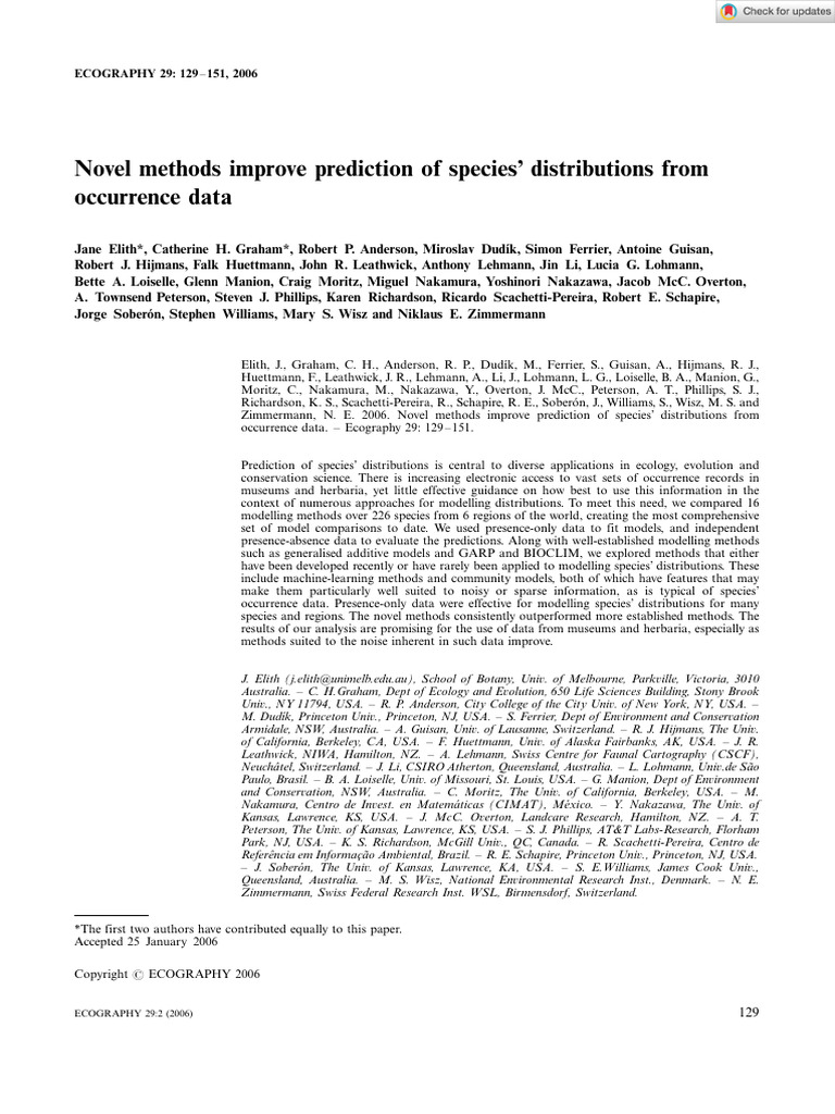 Ecography - 2006 - Elith - Novel Methods Improve Prediction of Species Distributions From ...