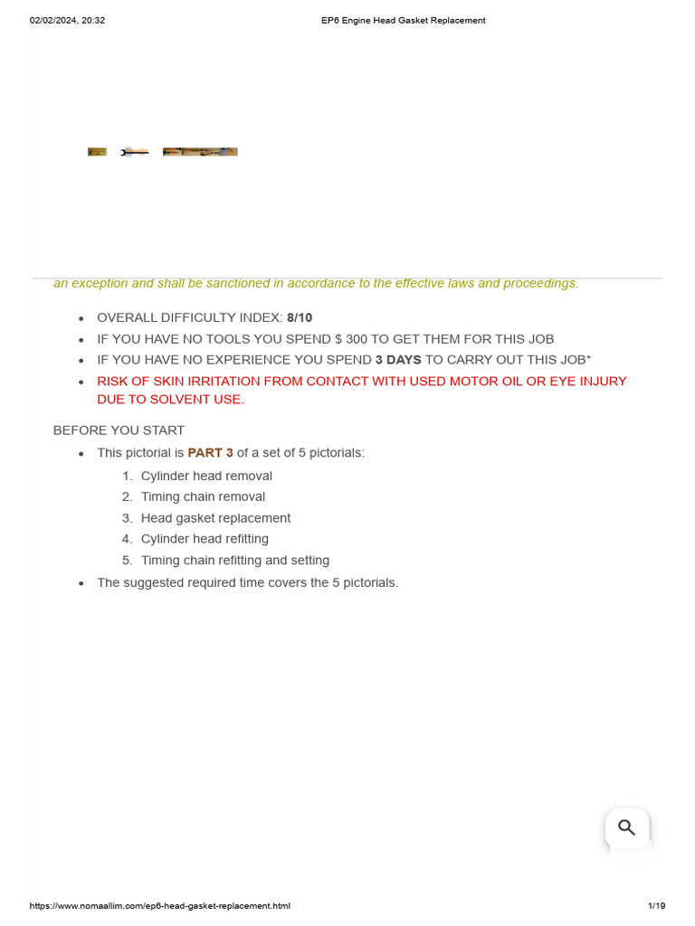 EP6 Engine Head Gasket Replacement | PDF | Cylinder (Engine) | Propulsion