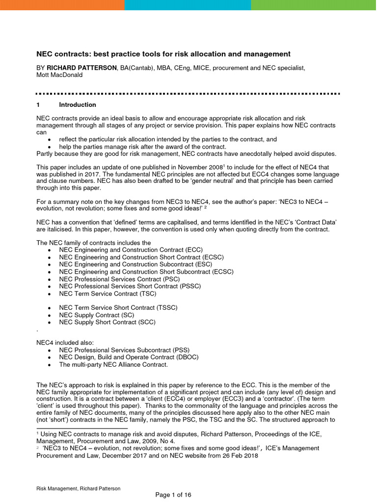 NEC Contracts: Risk Allocation Guide | PDF