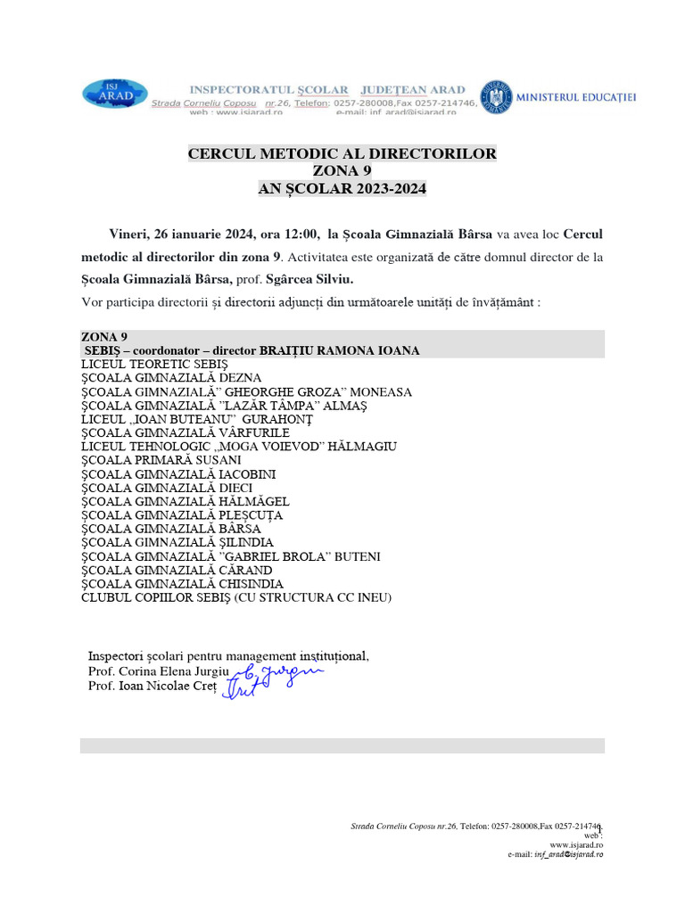 Cerc Metodic Directori Zona 9 Ianuarie 2024 | PDF