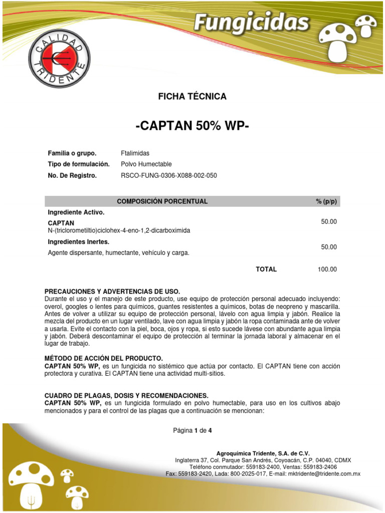 Ficha Técnica del Fungicida Captan 50% WP | PDF | Agua | Plantas