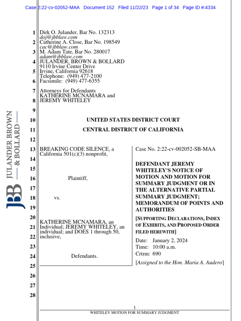 Breaking Code Silence Whiteley MSJ MSJ | PDF | Celotex Corp. V. Catrett ...