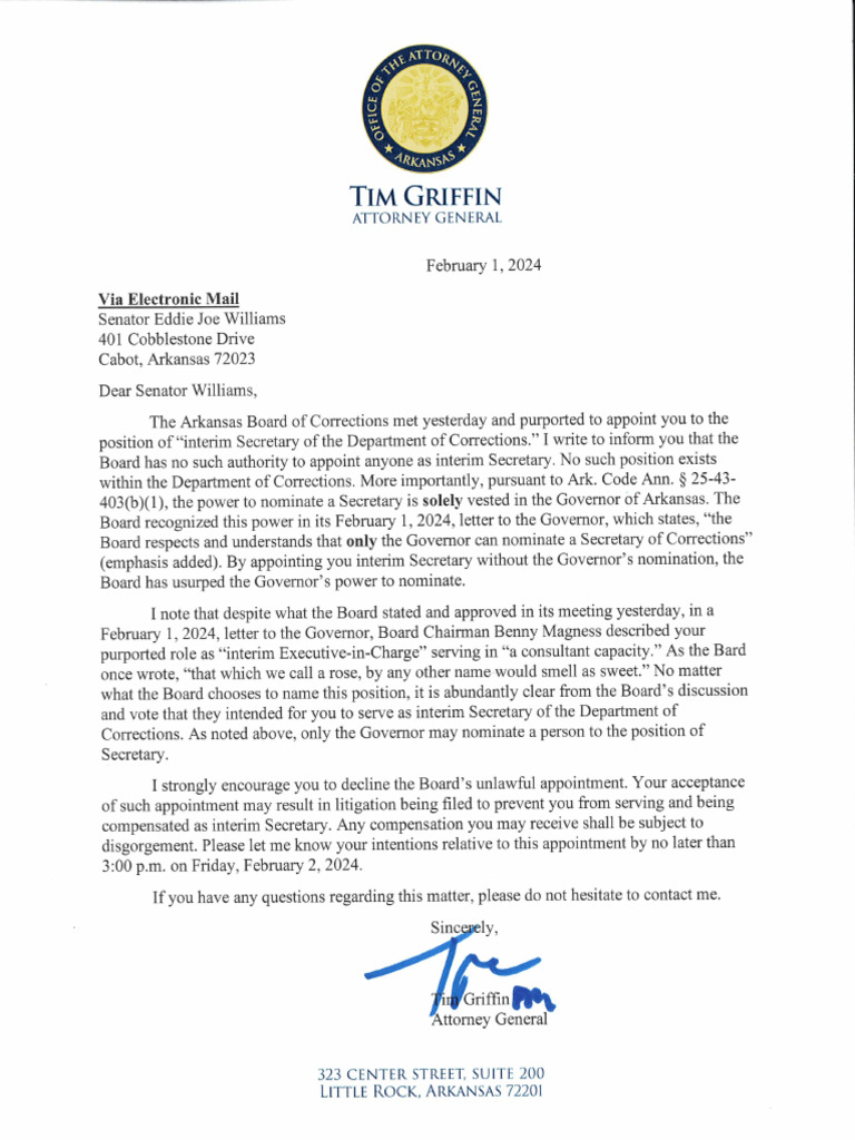 AG Tim Griffin Letter To Eddie Joe Williams | PDF