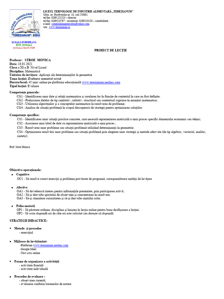 Proiect de Lectie 11 B Evaluare Aplicatii Ale Determinantilor in Geometrie | PDF