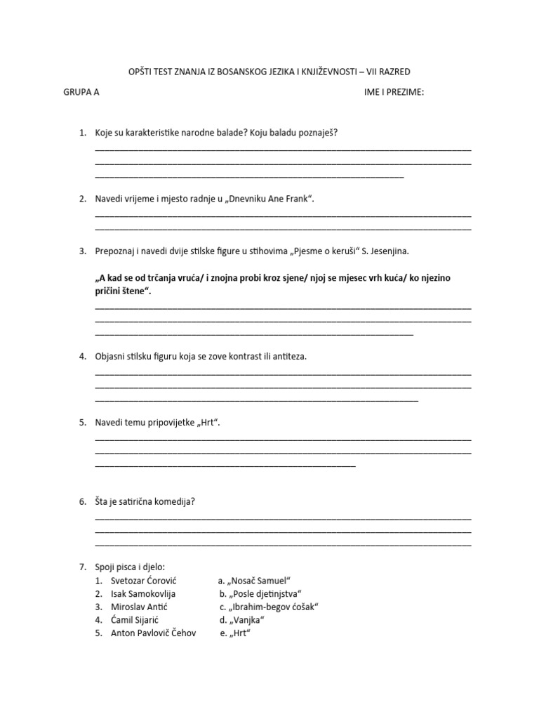 Bosanski Jezik Test Za 7 Razred | PDF