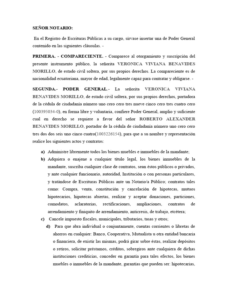 Minuta Poder General Hija Dr. Merck Benavides | PDF | Bancos