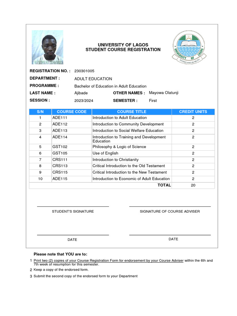 2023/2024 First: University of Lagos Student Course Registration | PDF