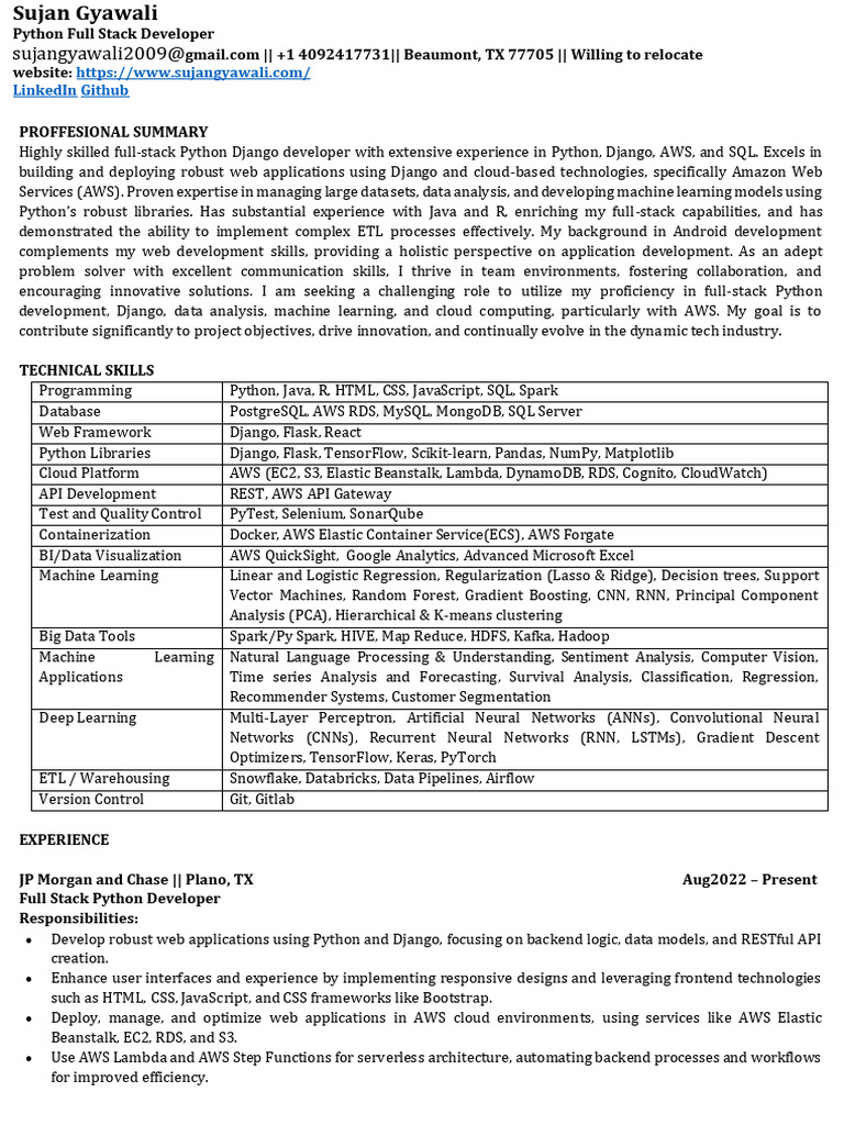 Resume - SujanGyawali - Full Stack Python Developer | PDF Resume - SujanGyawali - Full Stack Python Developer | PDF