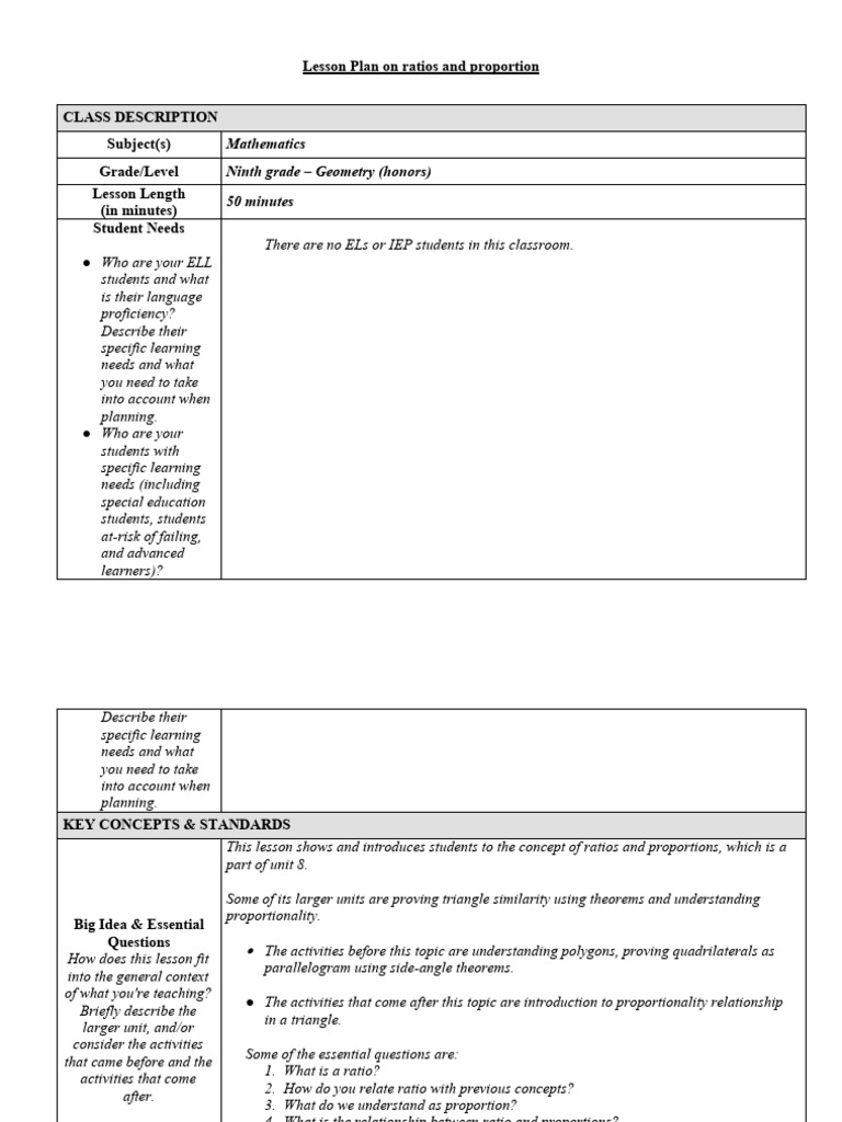 Ratios and Propotion Lesson Plan | PDF