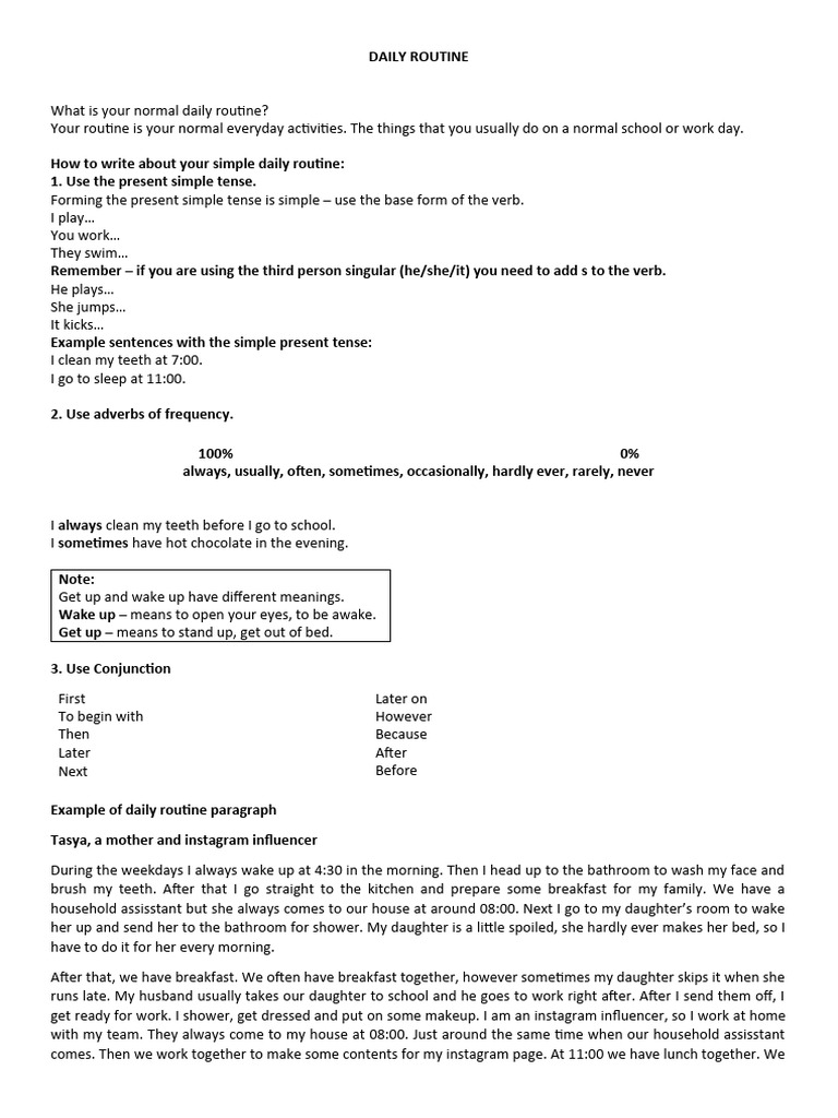 DAILY ROUTINE paragraph | PDF | Linguistics