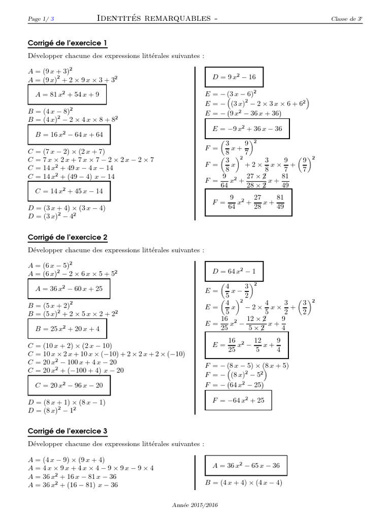 Identites Remarquables Corrige Serie D Exercices 3 | PDF | Échecs