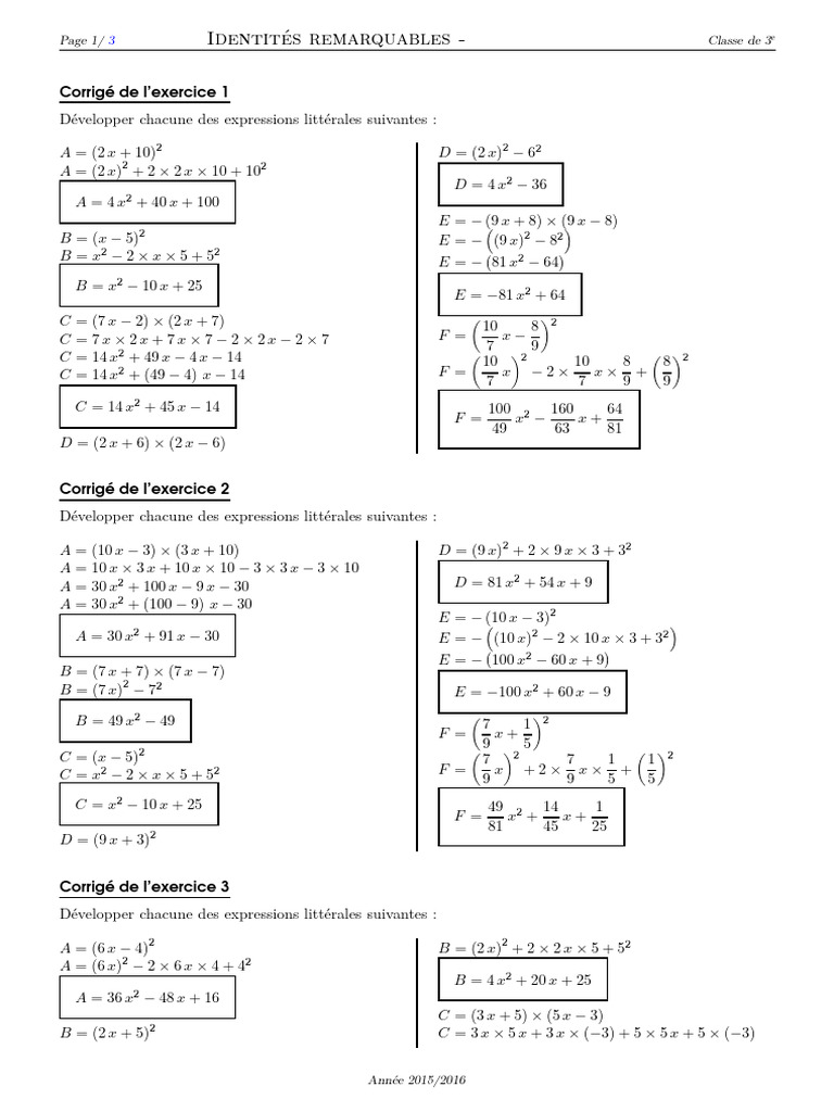 Identites Remarquables Corrige Serie D Exercices 4 | PDF