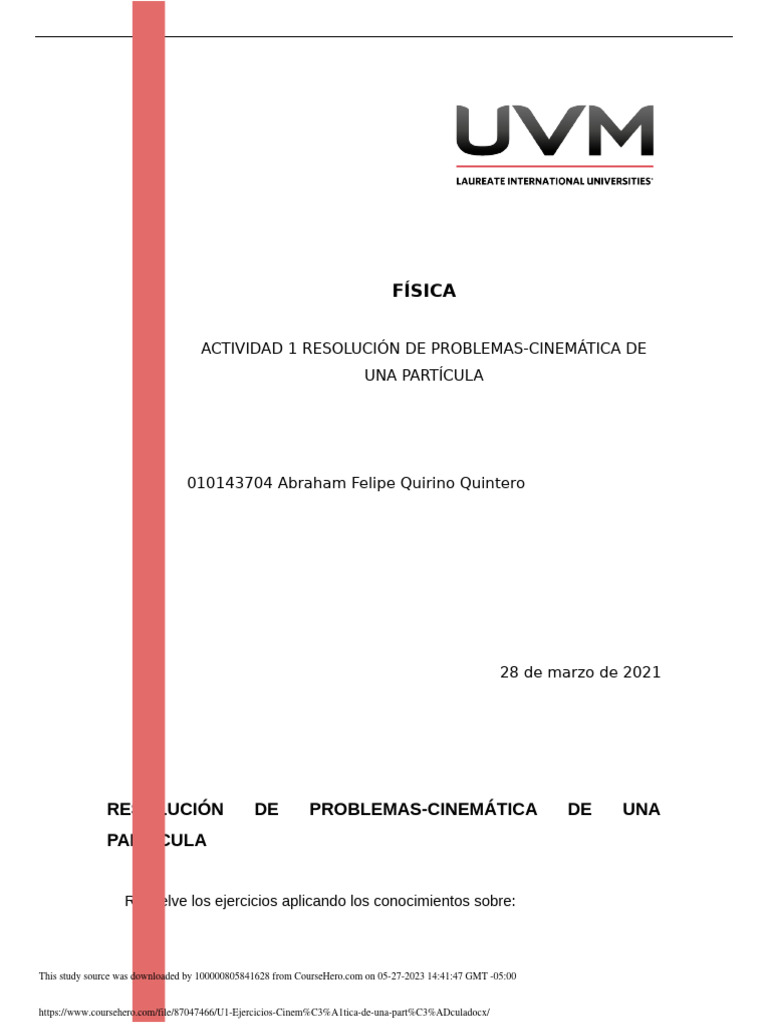 U1 Ejercicios Cinem Tica de Una Part Cula | PDF