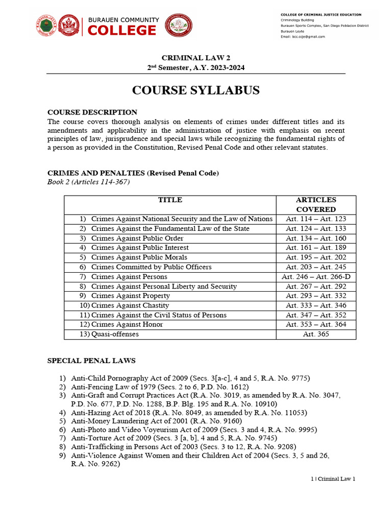 Criminal Law Course Syllabus 2023-2024 | PDF | Crime & Violence | Crimes
